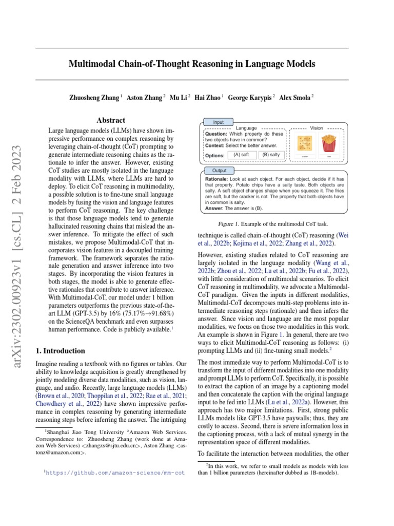 Multimodal Chain-of-Thought Reasoning in Language Models | PDF