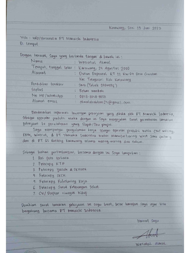 Lamaran Kerja - PT Maruichi Indonesia | PDF