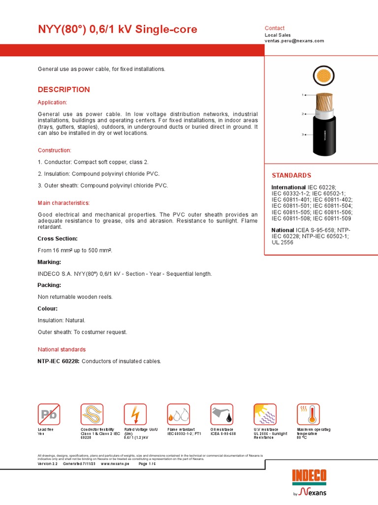 Nexans NYY 80-0-6 1 KV Single Core | PDF | Insulator (Electricity) | Electrical Resistance And ...