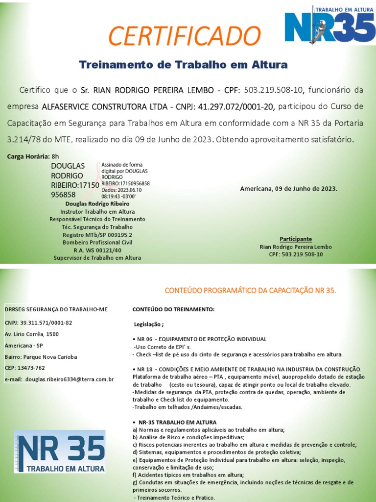Certificados - NR 35 | PDF | Segurança