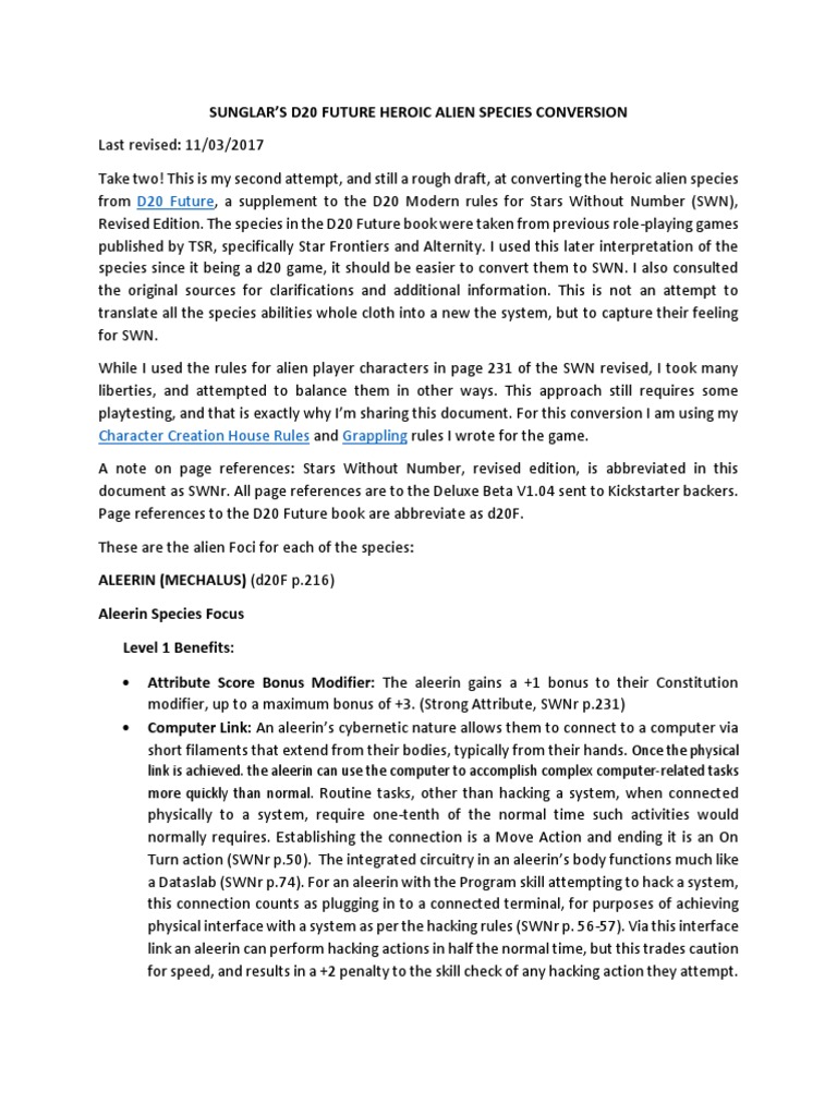 Sunglar's d20 Future Heroic Alien Species Conversion Ver 2 | PDF