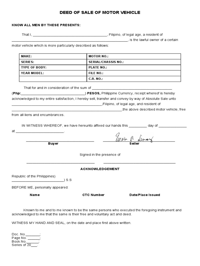 Deed of Sale of Motor Vehicle | PDF | Common Law | Private Law