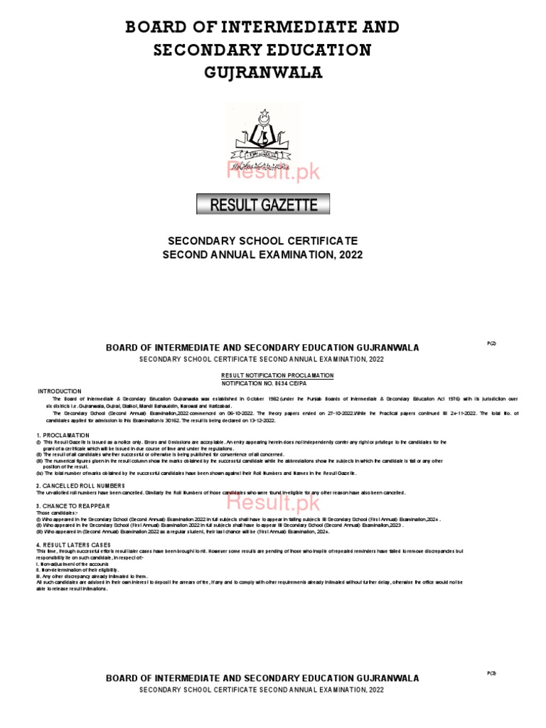 Bise GRW SSC 2nd Annual Result Gazette 2022 | PDF