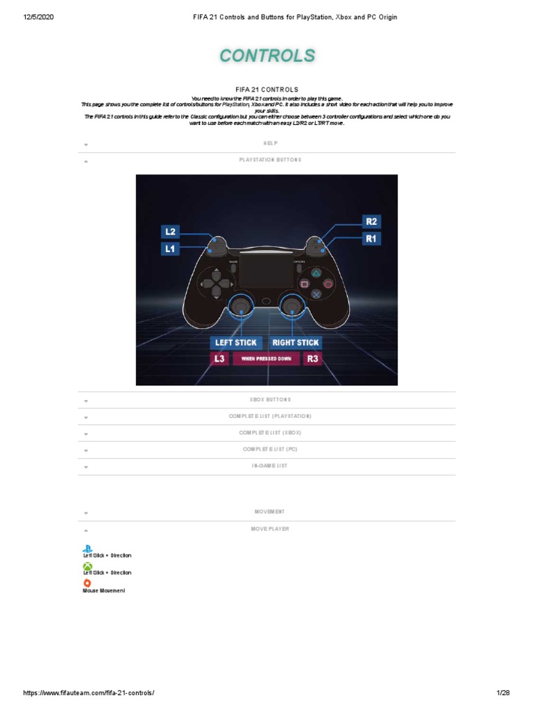 FIFA 21 Controls and Buttons For PlayStation, Xbox and PC Origin | PDF | Play Station | Xbox