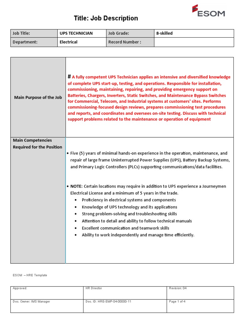 Title: Job Description: Ups Technician 8-Skilled Electrical | PDF ...