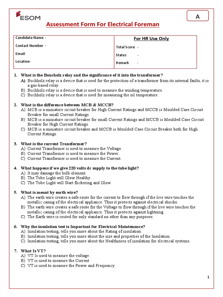 Electrical Foreman Assessment Questions | PDF | Relay | Insulator ...