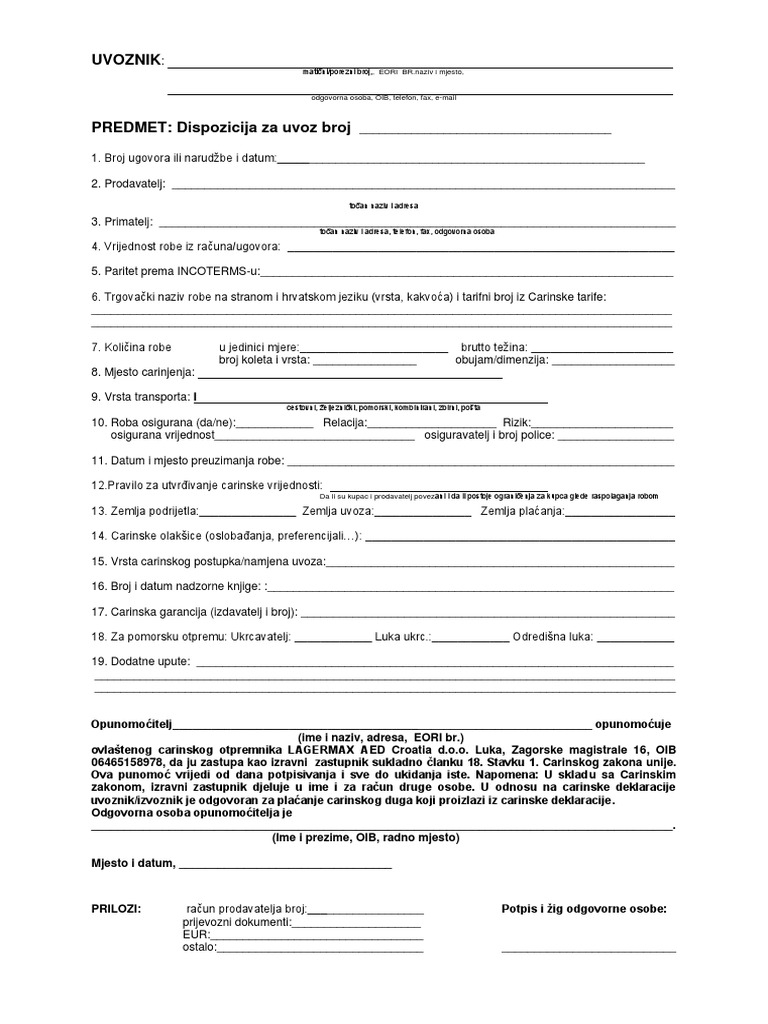 Dispozicija Uvoz | PDF