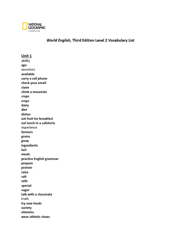 World English 3e Level 2 Vocab List | PDF | Food And Drink World English 3e Level 2 Vocab List | PDF | Food And Drink