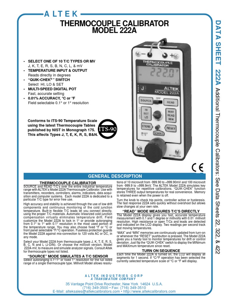 Thermocouple Calibrator Model 222A: Altek | PDF
