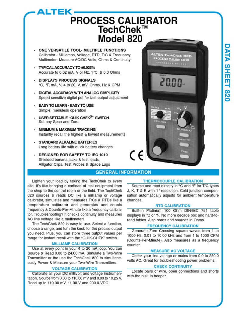 Process Calibrator Techchek Model 820 Altek Pdf Thermocouple Power Supply