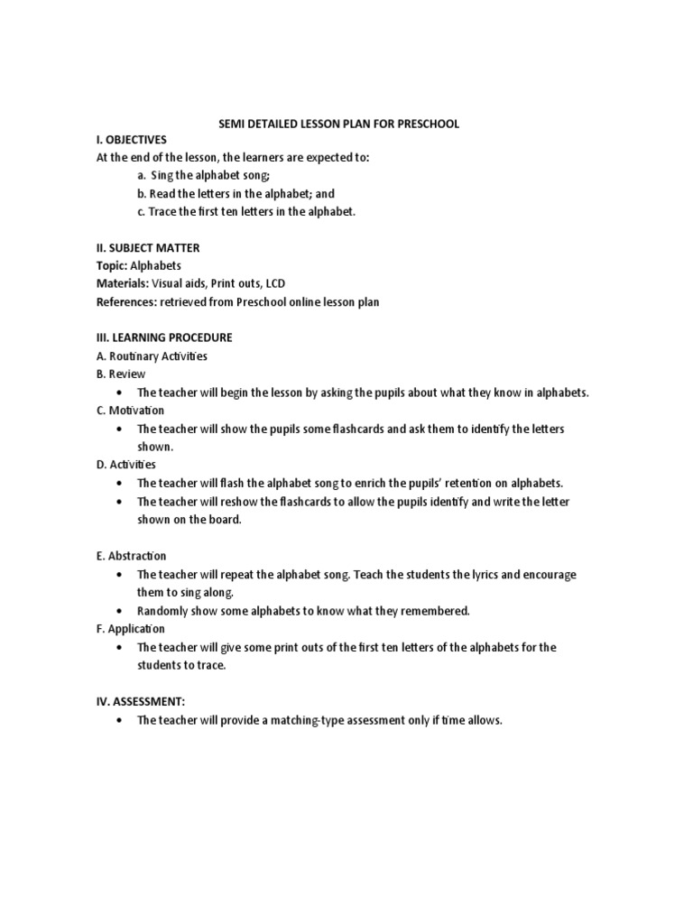 Semi Detailed Lesson Plan For Preschool | PDF