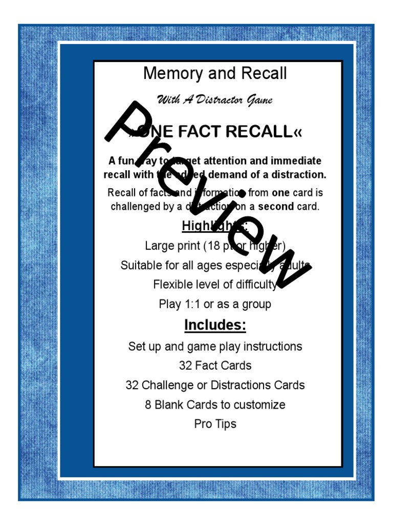 Memory and Recall With A Distraction Game One Fact Preview | PDF