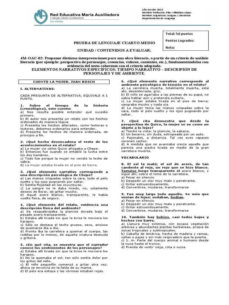 Prueba de Lenguaje 4° Medio | PDF | Cuentos