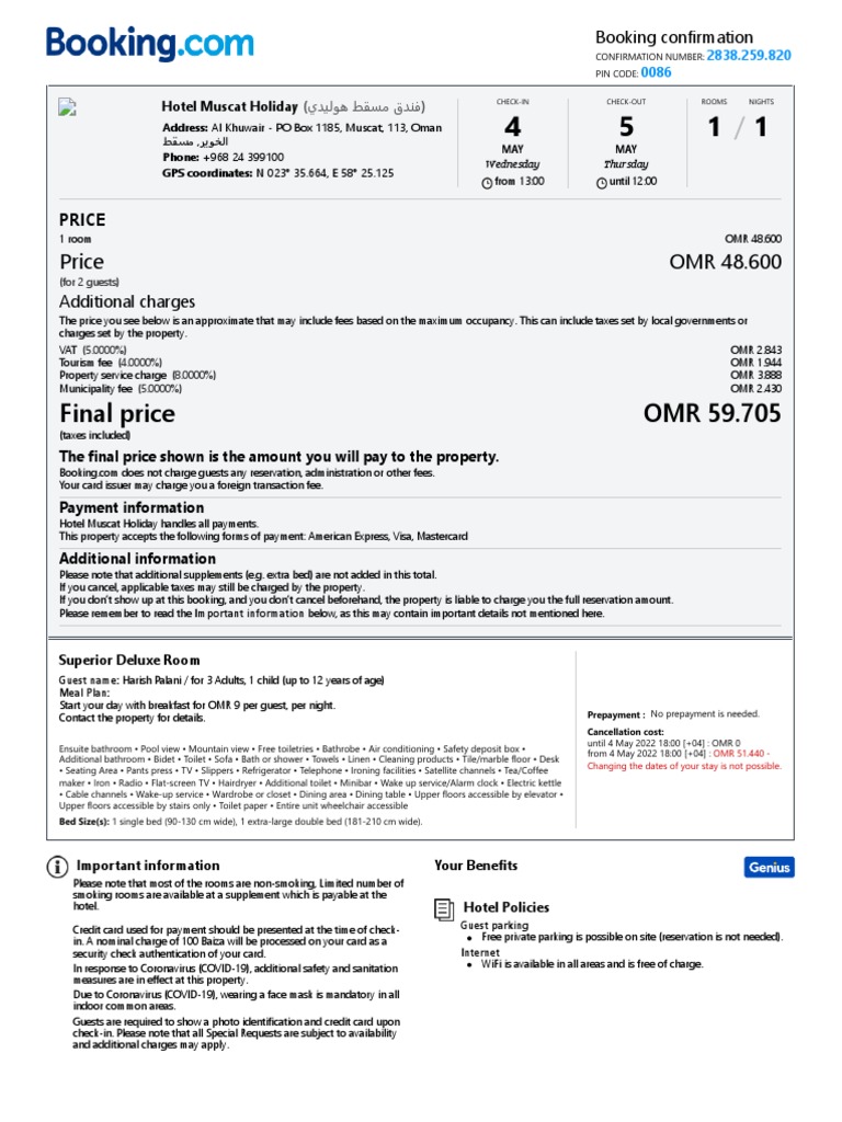 Muscat Holiday Booking - Com - Confirmation | PDF