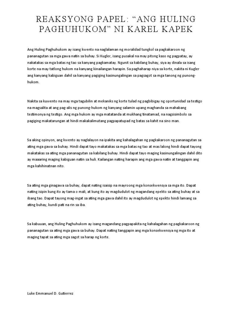Reaksyong Papel: "Ang Huling Paghuhukom" Ni Karel Kapek | PDF