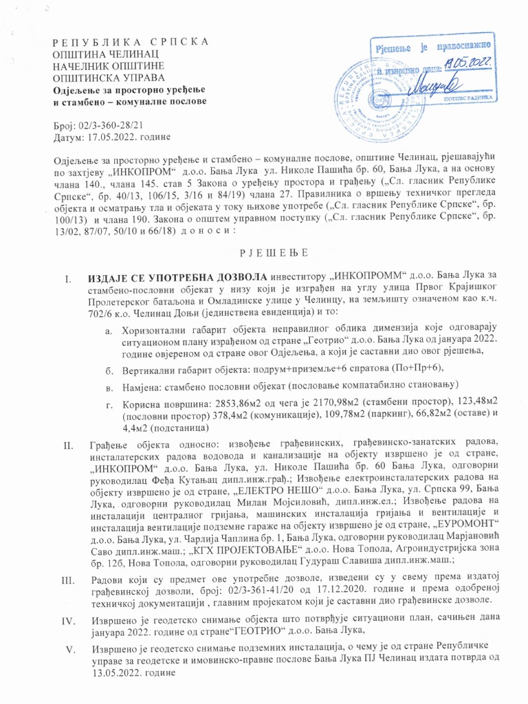 Upotrebna Dozvola Čelinac IV | PDF