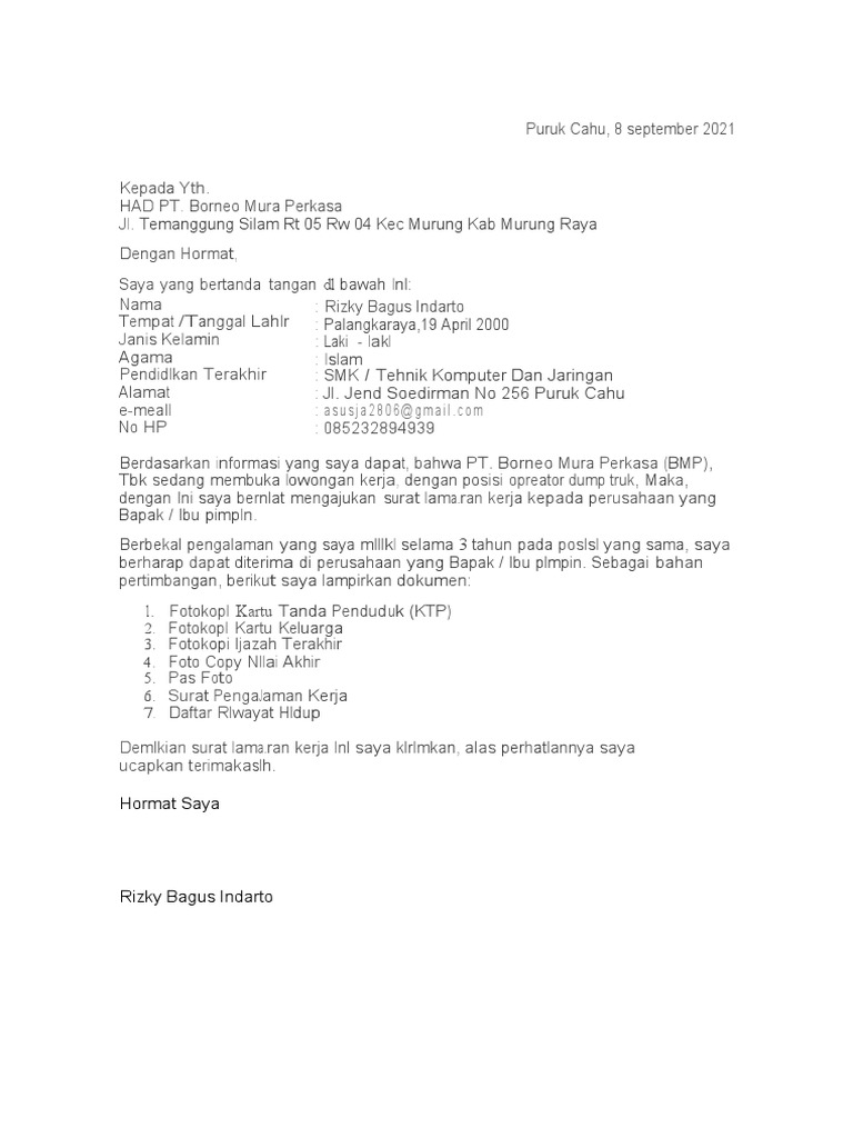 Contoh Surat Lamaran Kerja Di Perusahaan Tambang Dikonversi | PDF