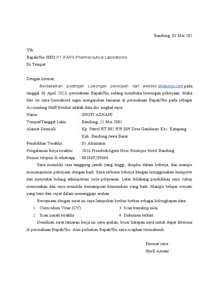 Surat Lamaran Kerja Shofi | PDF