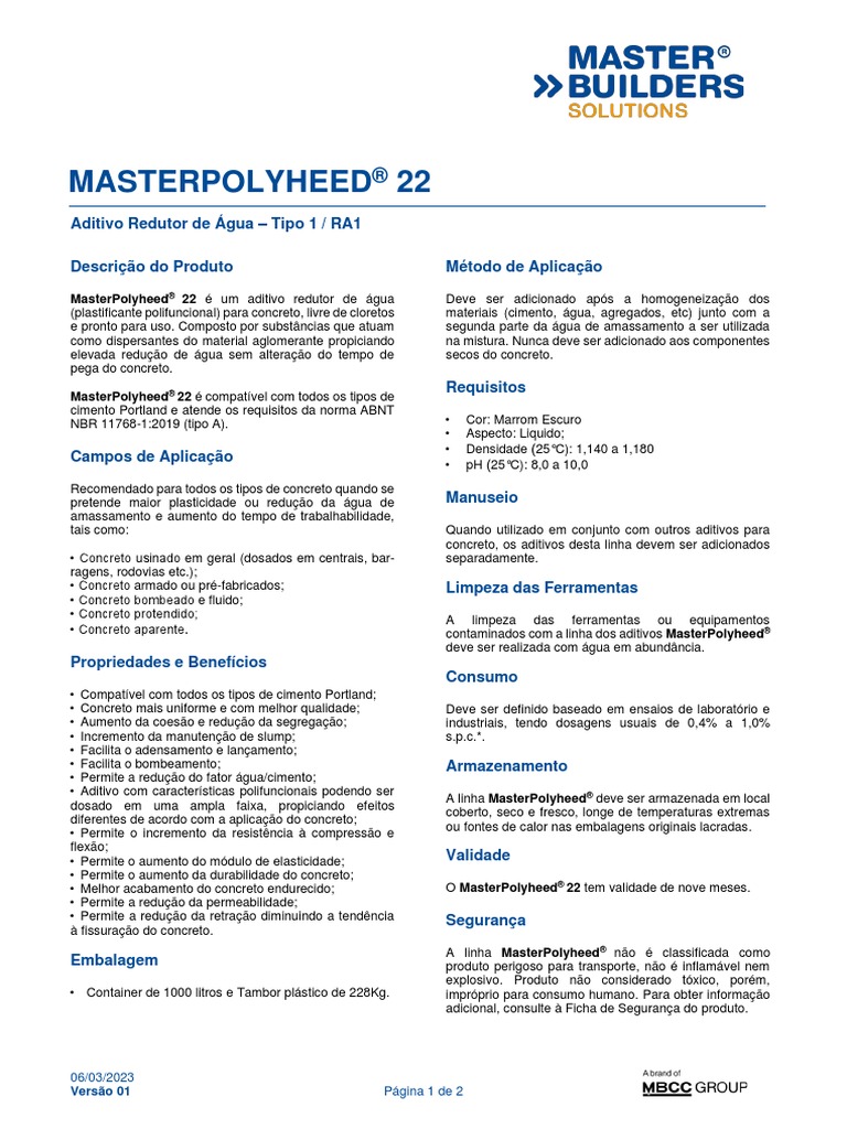 Ficha Tecnica_MasterPolyheed_22_V1_180321 | PDF | Concreto | Cimento