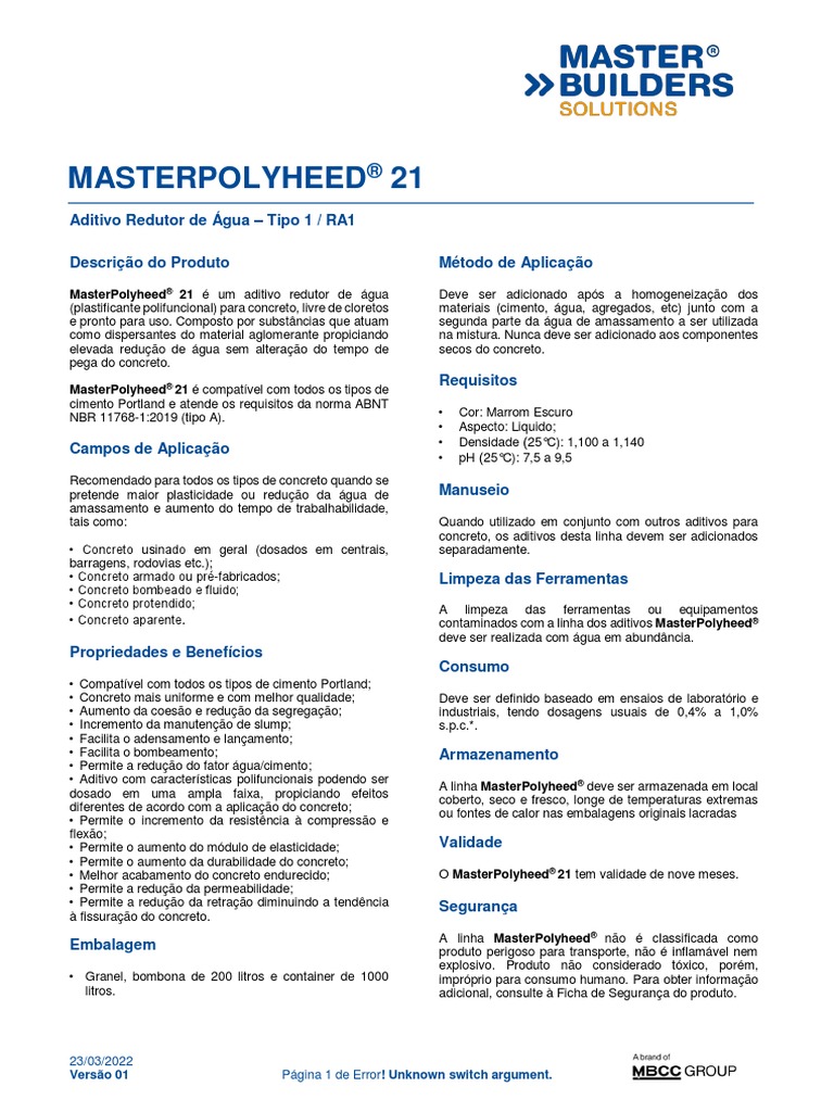 Ficha Tecnica - MasterPolyheed - 21 - V1 - 180321 | PDF | Concreto | Cimento