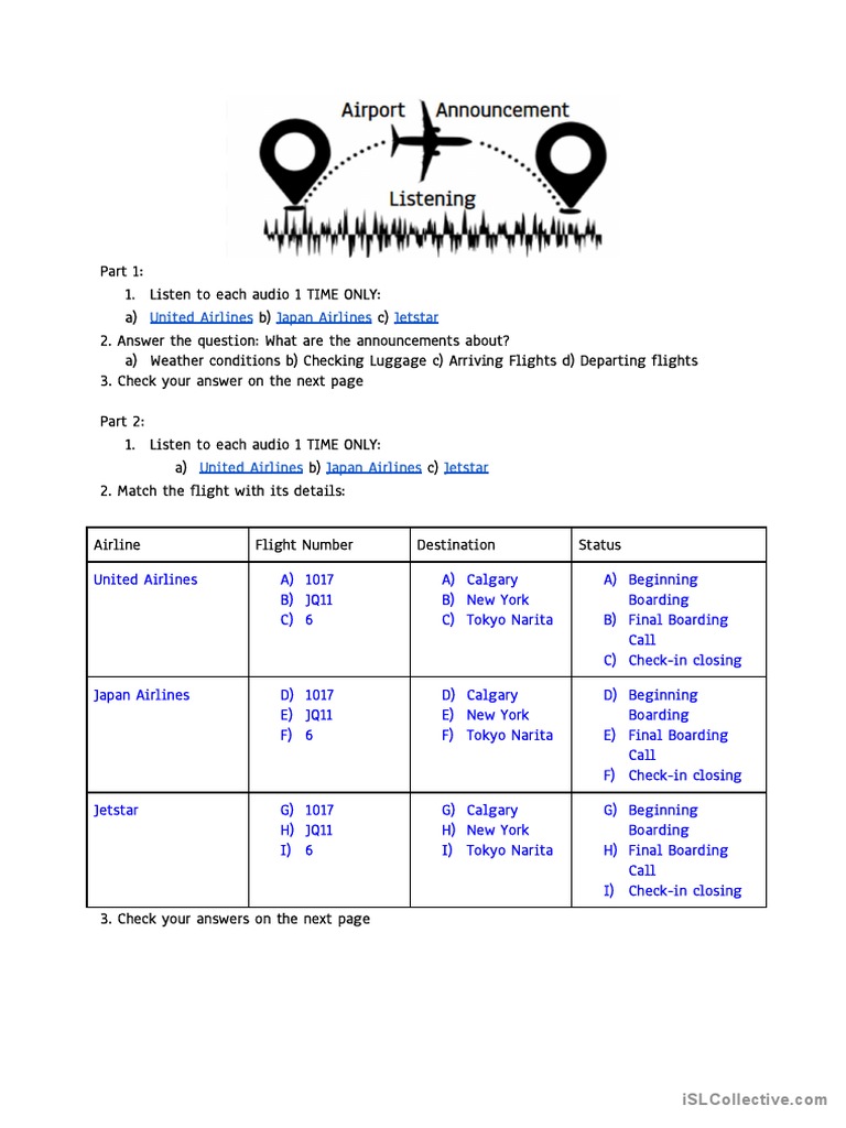 Airport Announcement Listening B2 C1 Pdf Transport Aeronautics