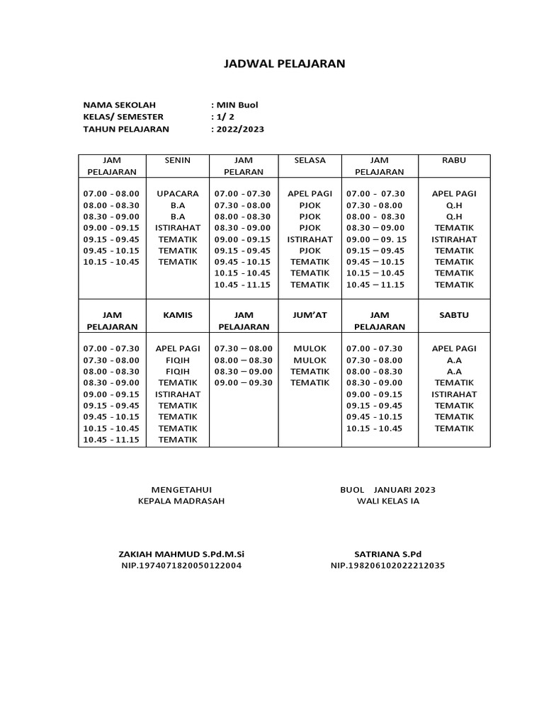 Jadwal Pelajaran MIN Buol Kelas 1 Semester 2 | PDF