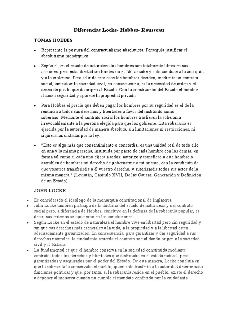 Diferencias Locke Hobbes Rousseau | PDF | Jean-Jacques Rousseau | Soberanía