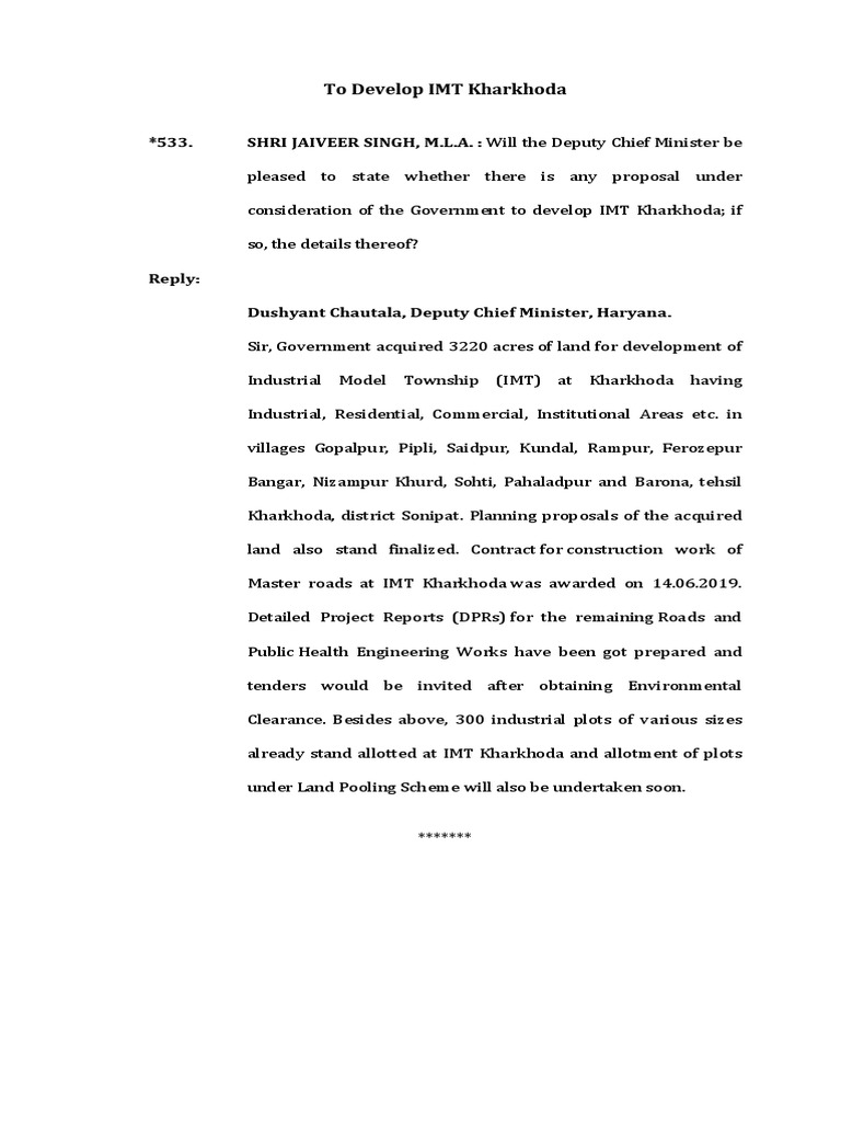 IMT Kharkhoda Development Plan | PDF