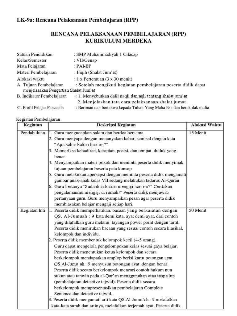 RPP Fiqih Shalat Jumat Kelas Vii PPG 23 Sumarno | PDF
