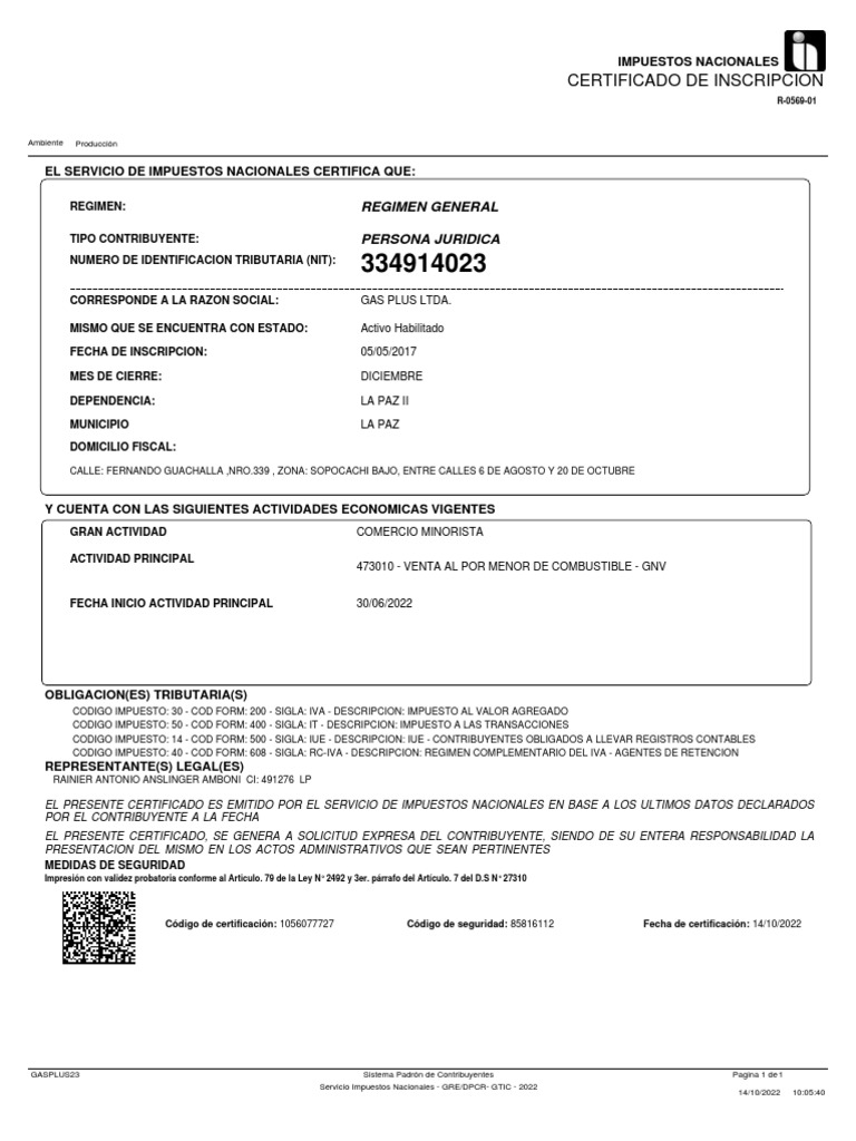 Certificado de Inscripcion | PDF | Impuestos | Gobierno