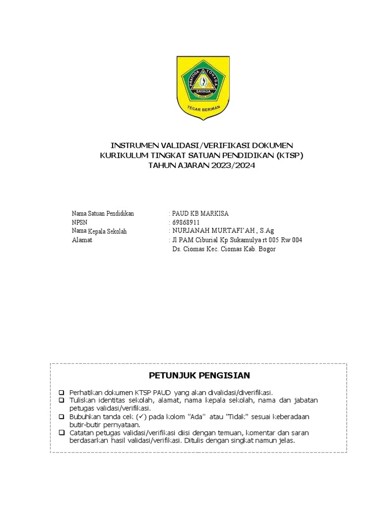 Instrumen Verifikasi Dan Validasi KTSP PAUD 2023 - 2024 | PDF