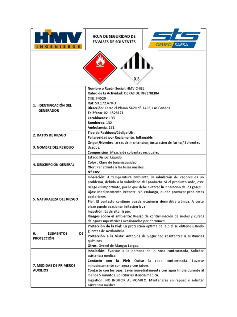 Hoja de Seguridad de Envases de Solventes | PDF | Solvente | Agua