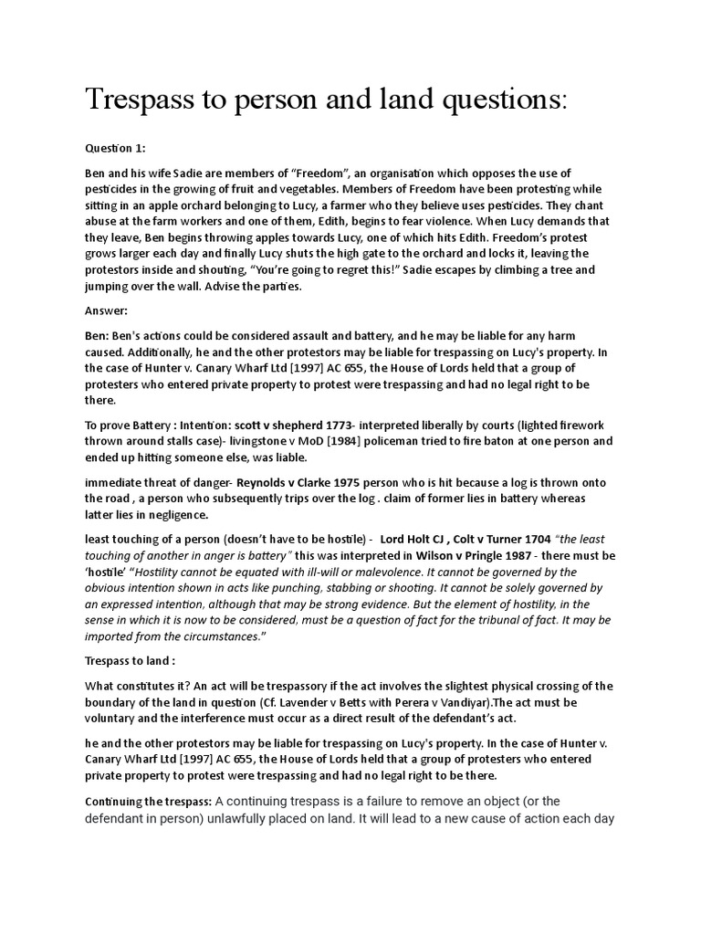 Trespass To Person and Land Questions | PDF | Trespass | Common Law