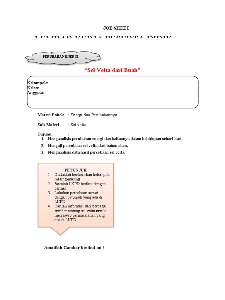 Job Sheet Sel Volta Buah | PDF | Metode & Bahan Ajar | Sains & Matematika