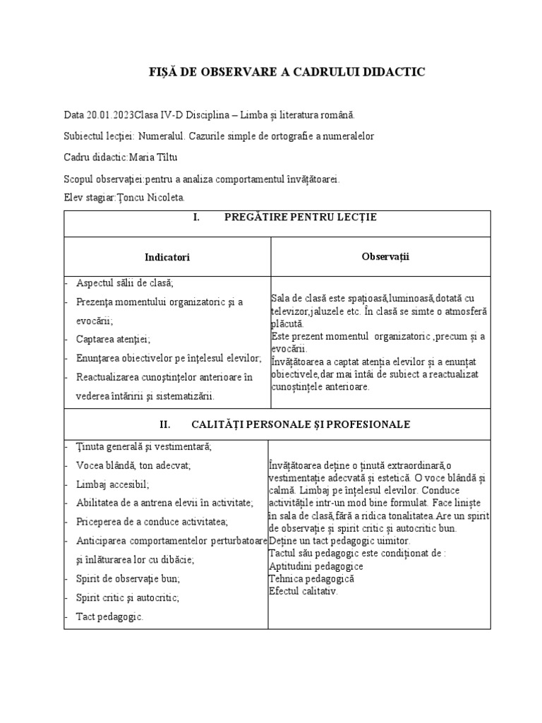 5 - Fisa de Observatie A Cadrului Didactic | PDF