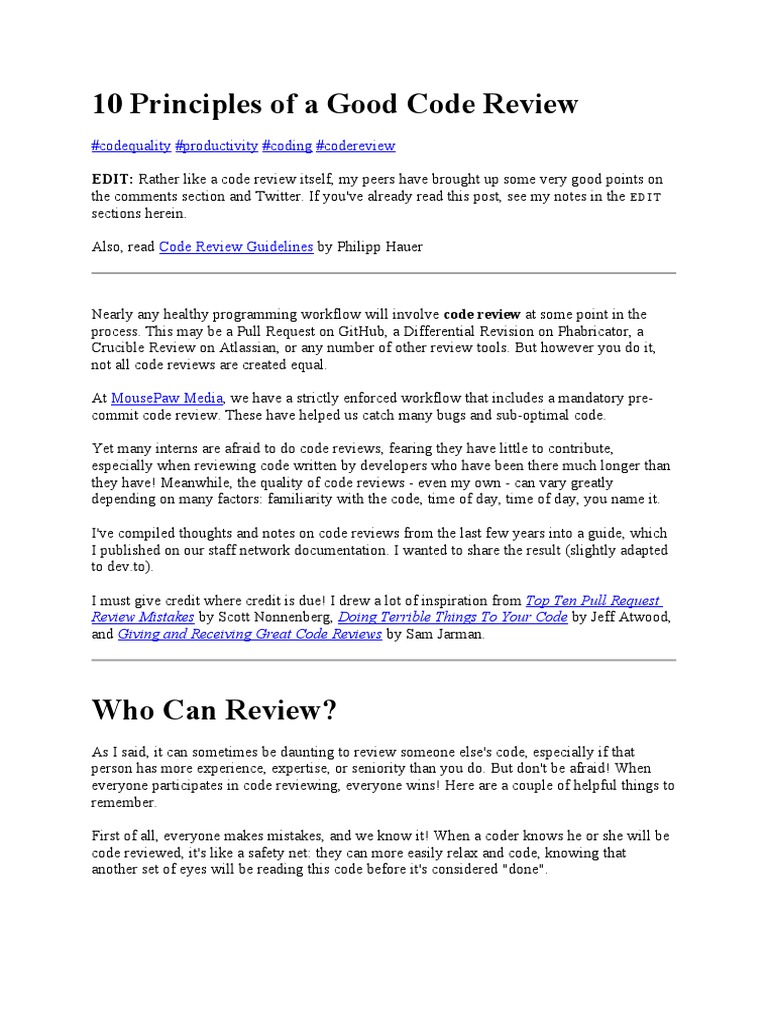 10 Principles of A Good Code Review | PDF | Software Bug | C++