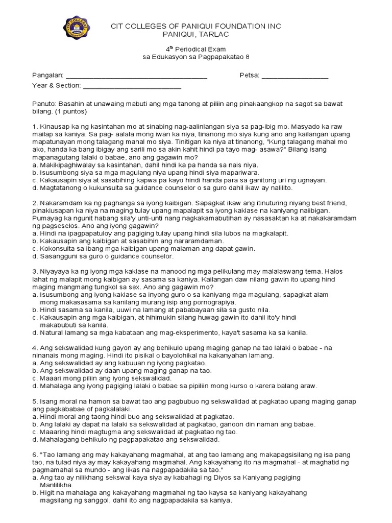 Grade 8 4th Periodical Exam ESP | PDF