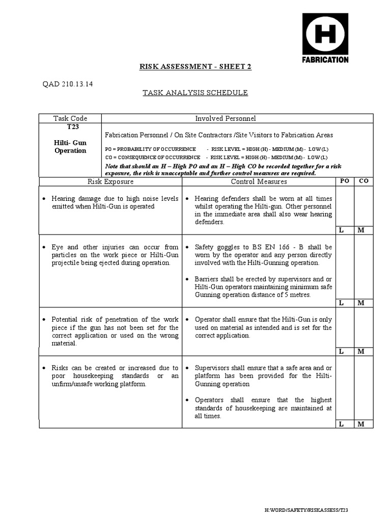 Risk Assess T-23 - Hilti Cartridge Tool Operation | PDF | Risk | Ammunition