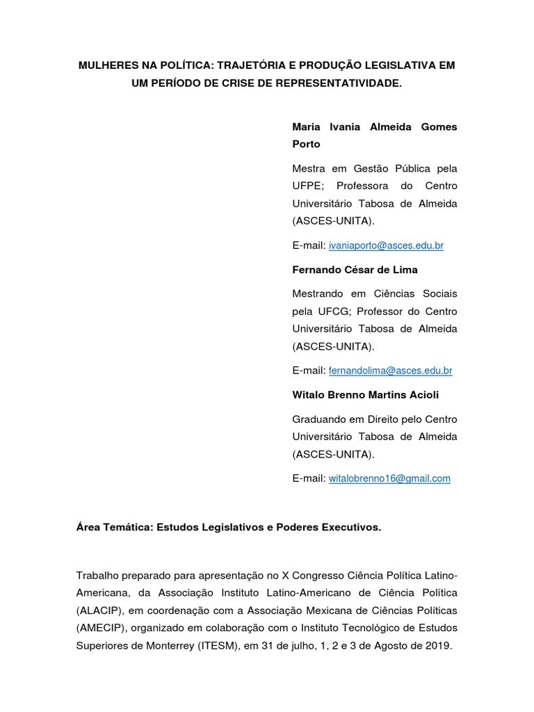 2019 - Porto, Lima e Acioli | PDF | Sufrágio feminino | Democracia