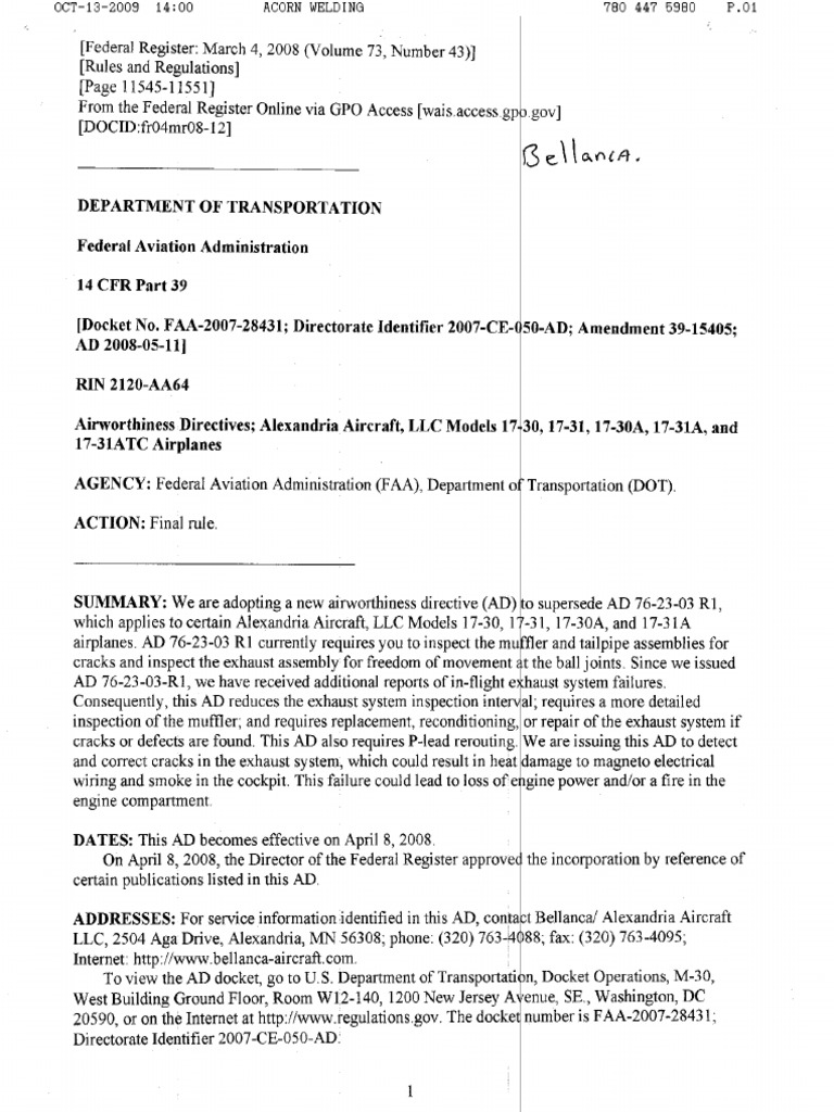 Alexandria Aircraft LLC 17-30 17-31 Airworthiness Directive | PDF