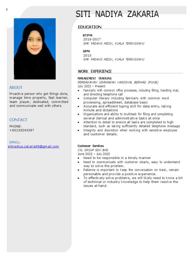 Resume Siti Nadiya Binti Zakaria (Terkini) | PDF | Computing | Communication