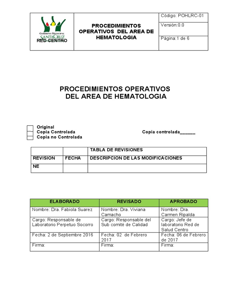 Procedimientos Operativos Estandarizado | PDF | Patologia clinica | Sangre