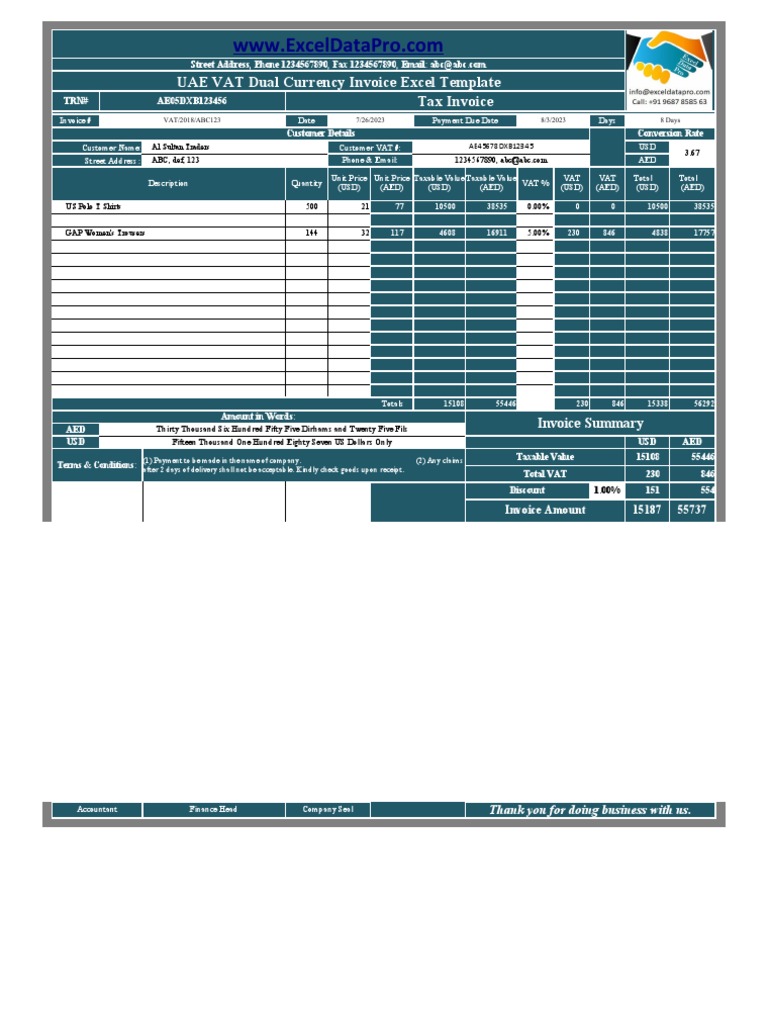 UAE VAT Dual Currency Invoice Template 1 | Download Free PDF | Value ...