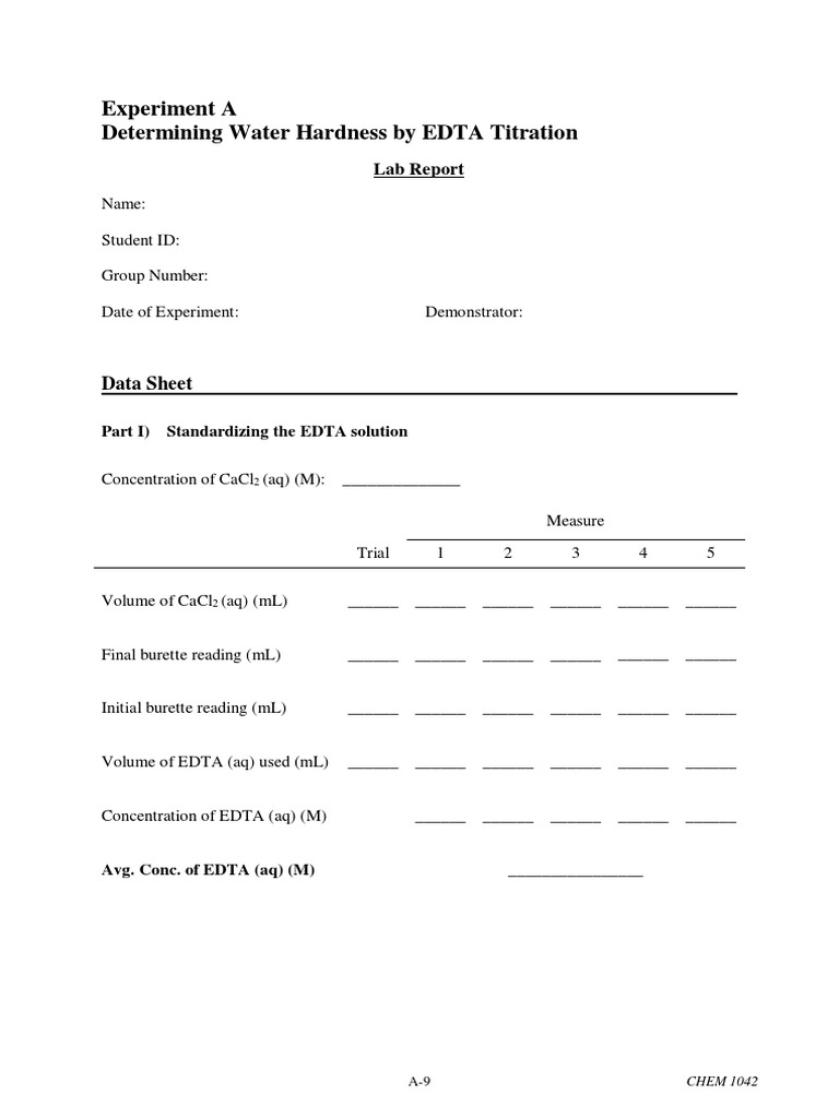 Expt A Report Sheet | PDF | Mole (Unit) | Ethylenediaminetetraacetic Acid