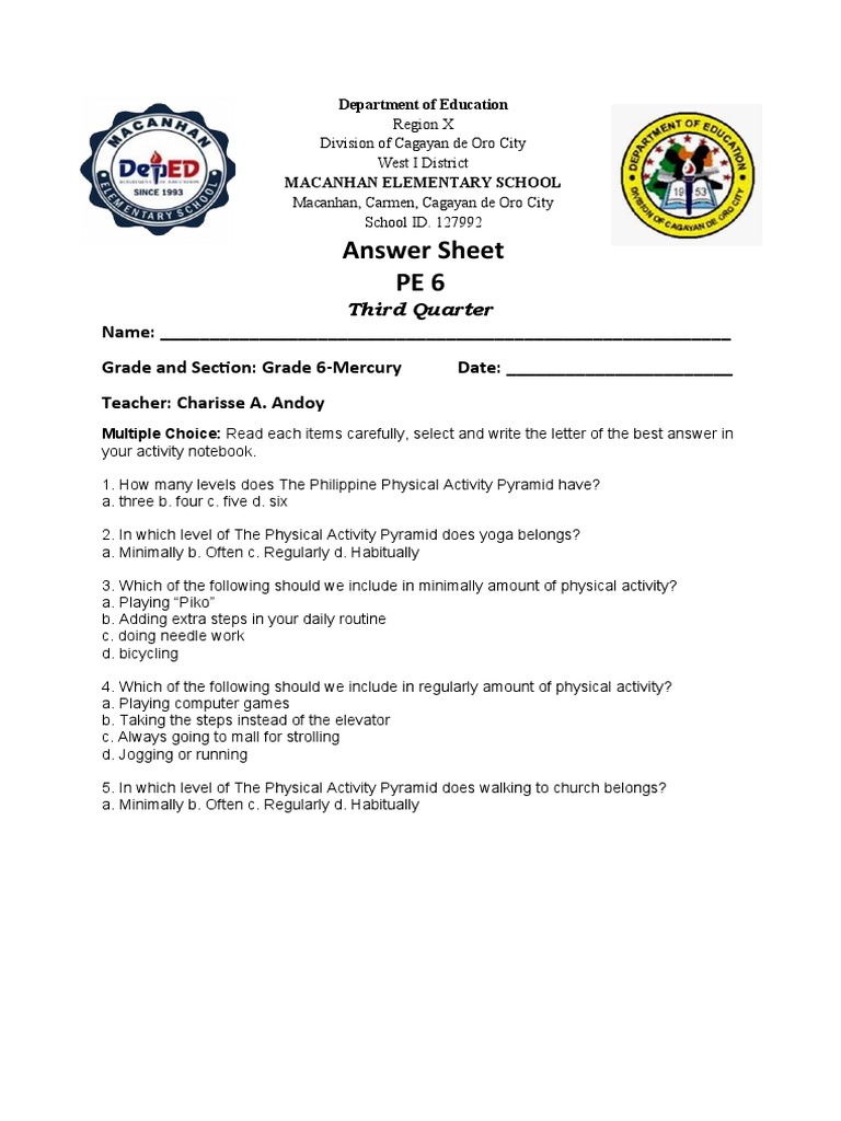 Answer Sheets For MAPEH - PE 6 (Mercury) (Third Quarter 2022 - 2023) | PDF | Dances