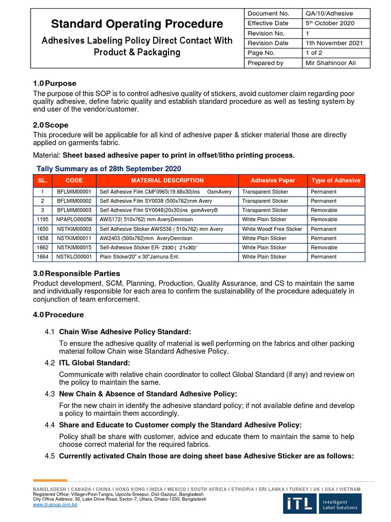 SOP - Adhesives Labeling Policy Direct Contact With Product & Packaging ...