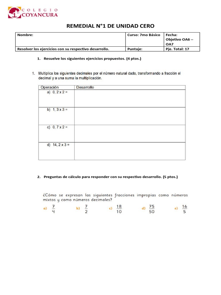 REMEDIAL N°1 - 7mo Básico - Fracciones y Porcentaje (Unidad Cero) | PDF