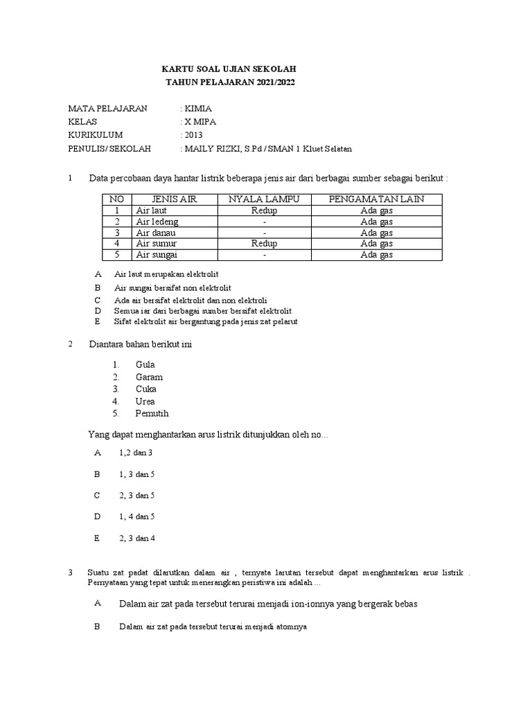 Naskah Soal Ujian Kimia Kelas X Mipa | PDF