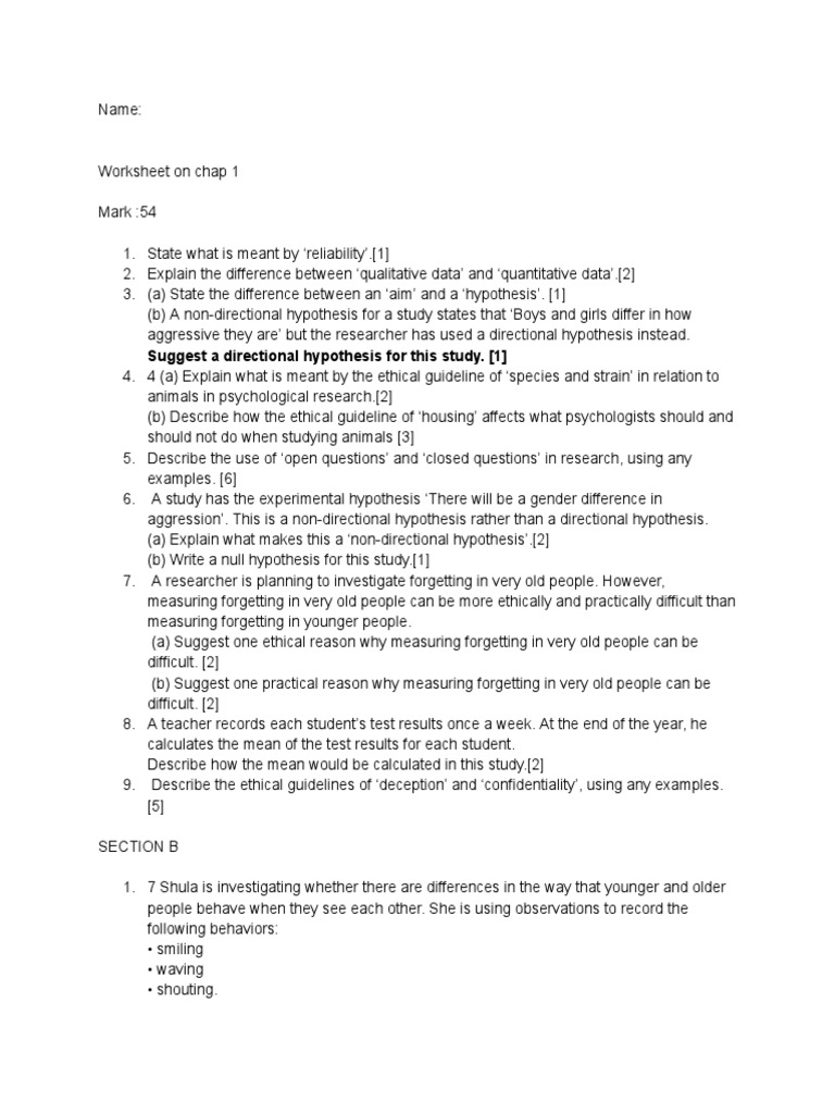 Worksheet Worksheet For Psychology CAIE Chapter 1: Research Method ...