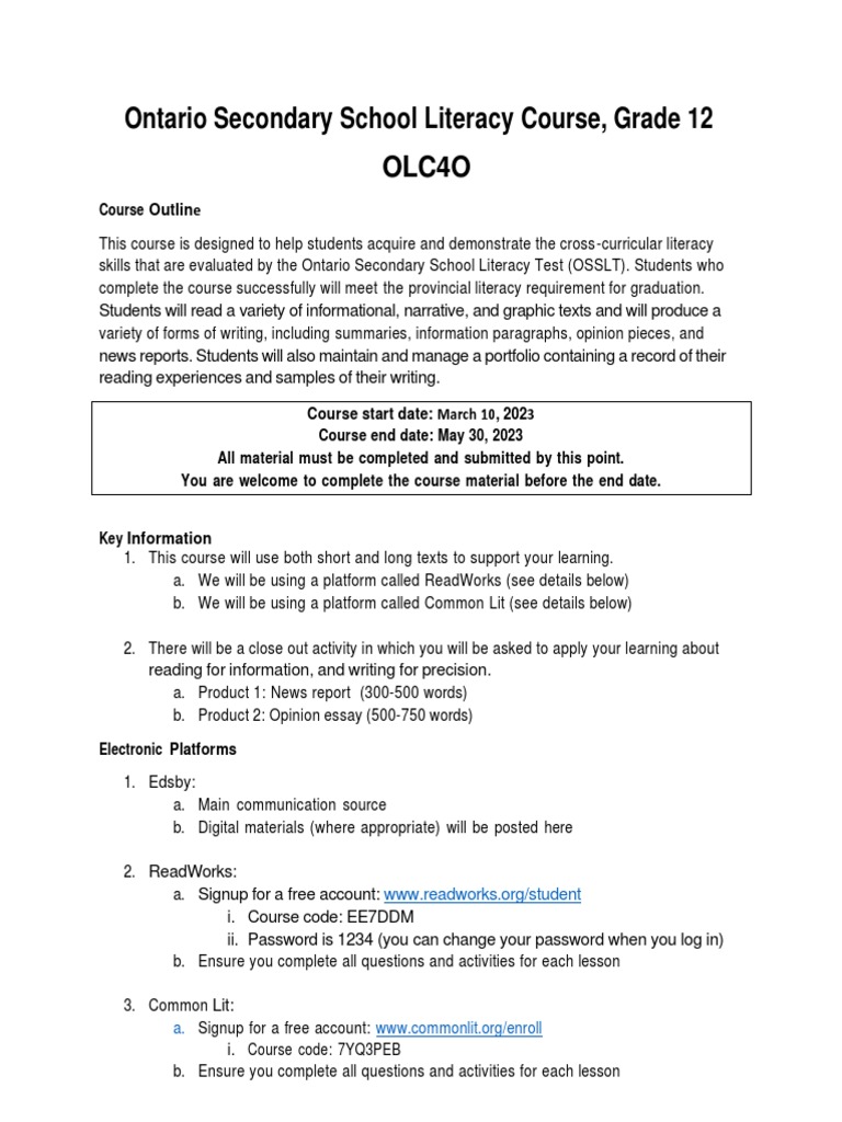 Ontario Secondary School Literacy Course - Online Course Overview - PCC ...